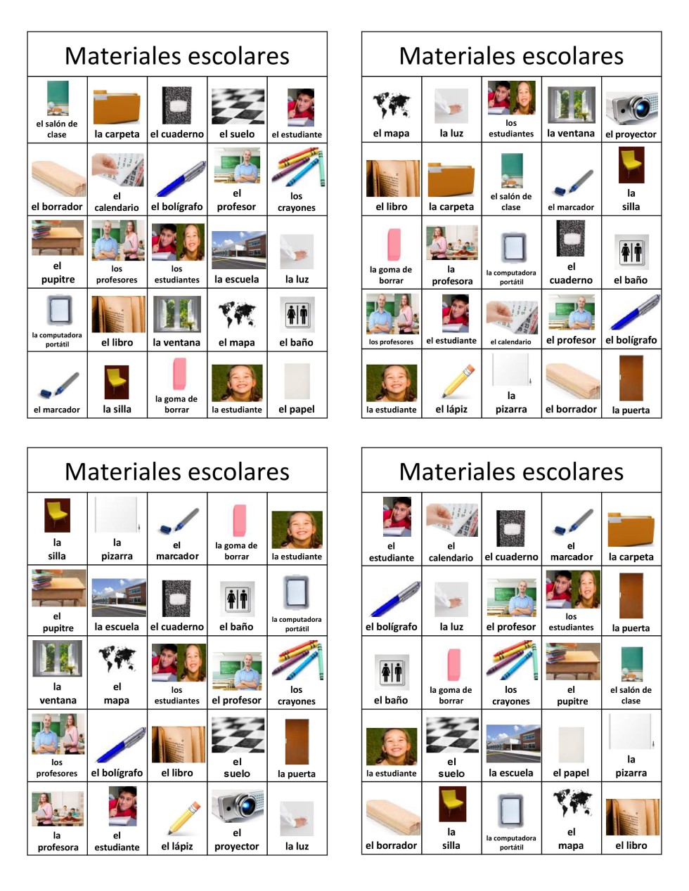 materiales escolares bingo - Real Life Language