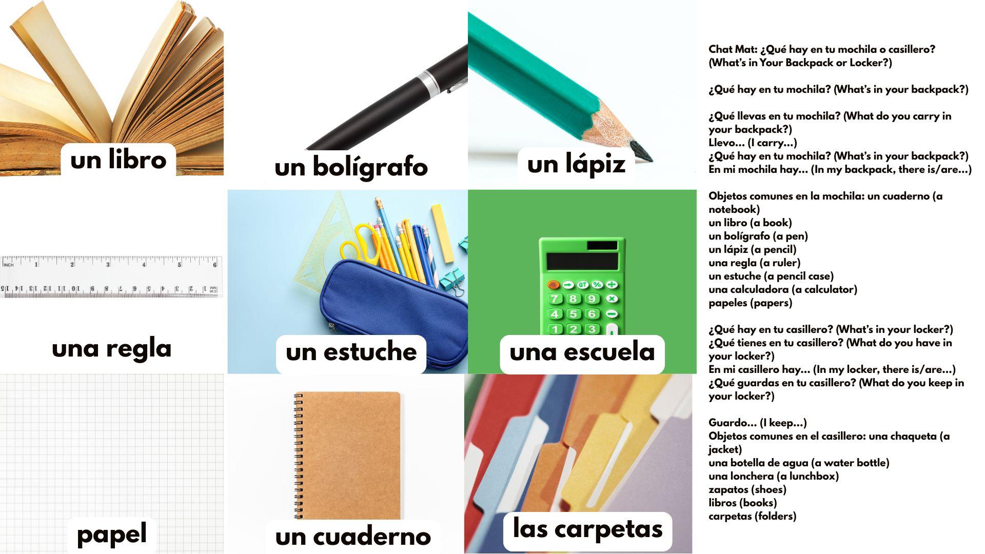 Spanish Chat Mat: Talk about School Supplies - Real Life Language